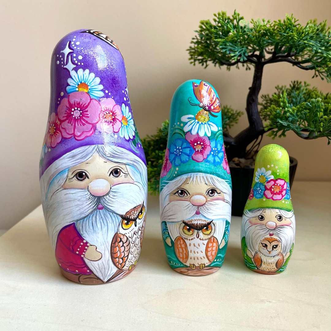 Amazing Gnomes With Owls Nesting Doll 3pcs 7” Hand Painted Wooden ...