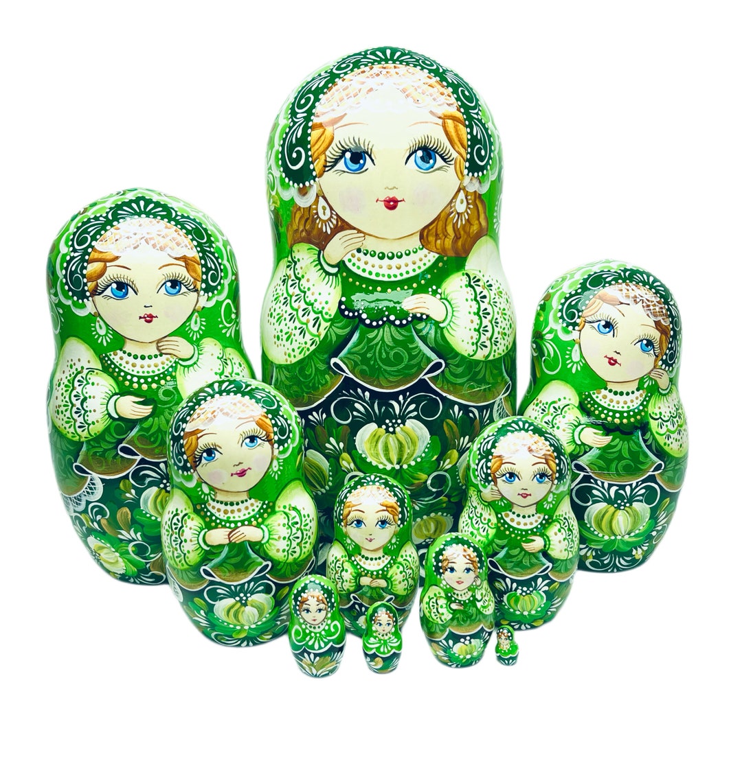 Hand Painted Nesting Doll Set, Girls in Green, Petrykivka Art, 10pcs - Etsy