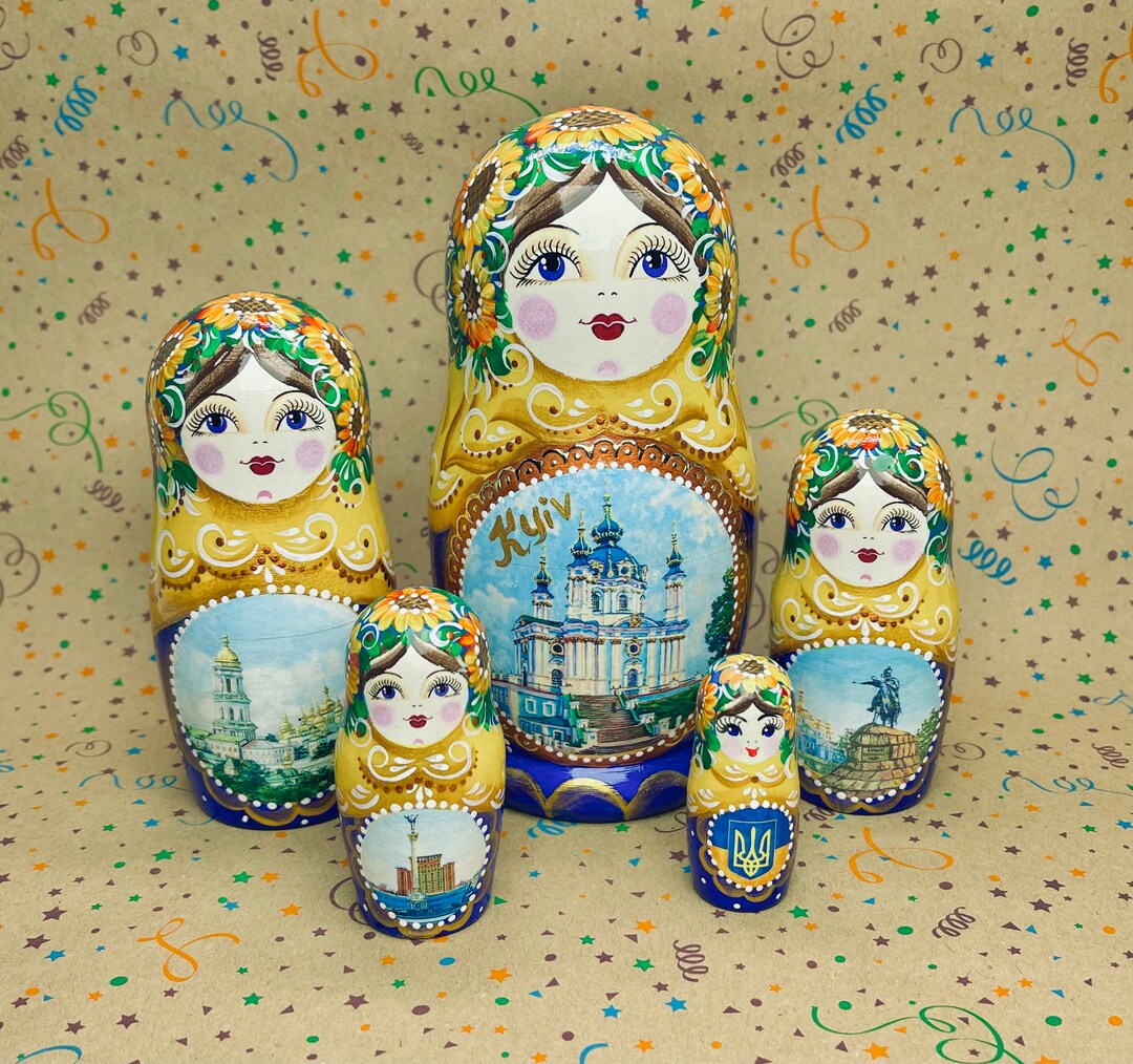 Kyiv City Nesting Doll 5pcs 6”, Ukrainian Wooden Collection Art Doll ...