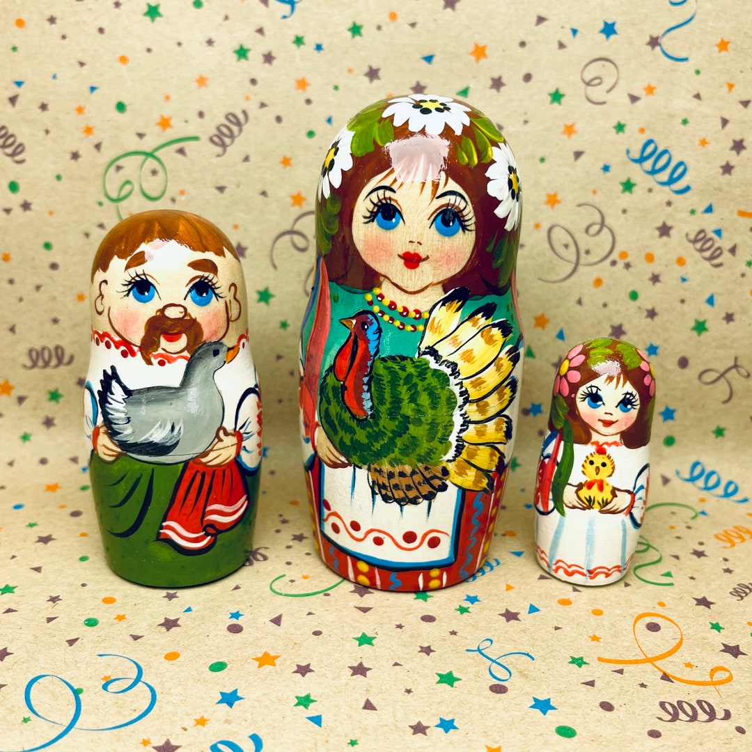 Ukrainian Nesting Doll Girl With Turkey 3pcs 4,2” Thanksgiving Day ...