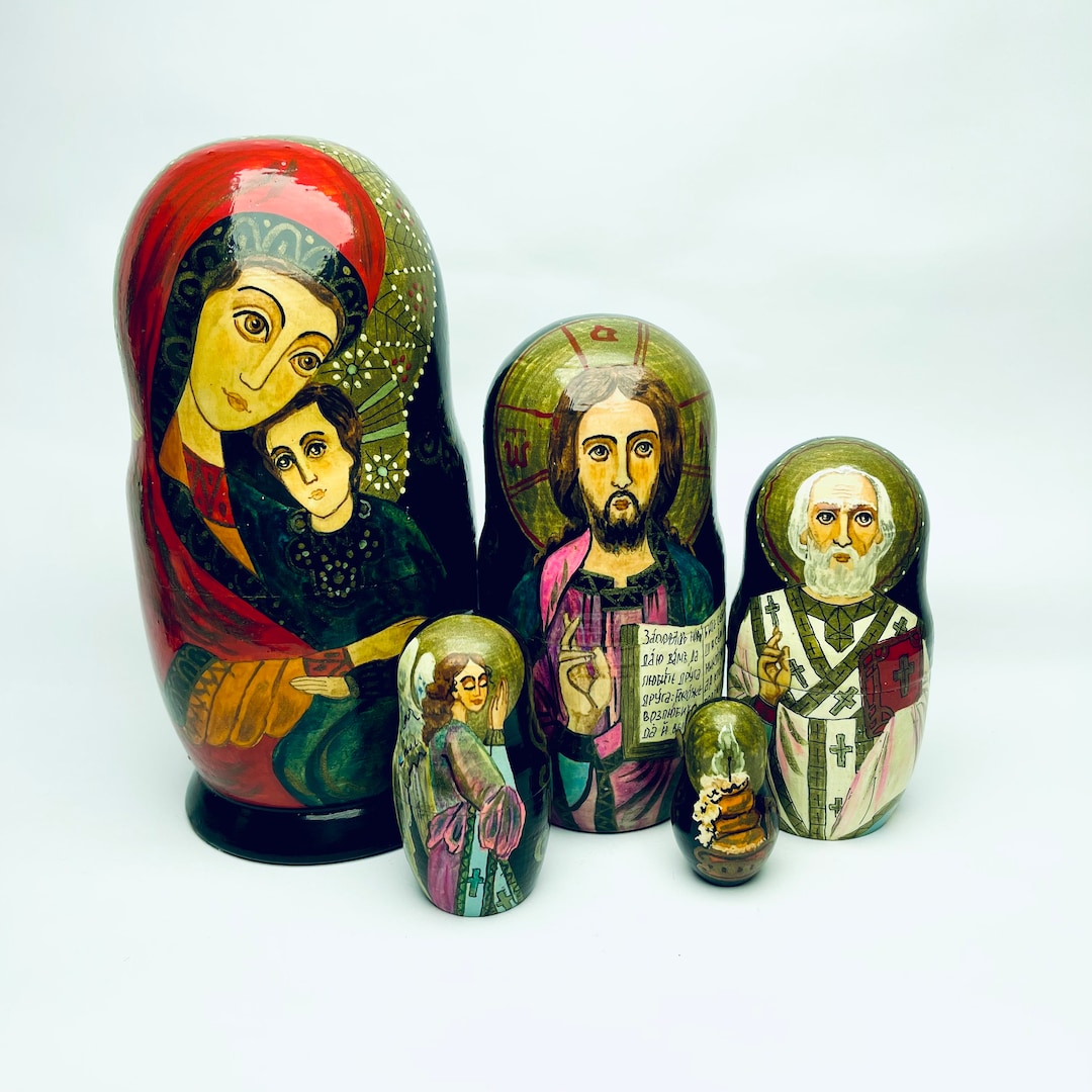 Religious Nesting Doll, Hand Painted Virgin Maria, Jesus, St Nicolas ...