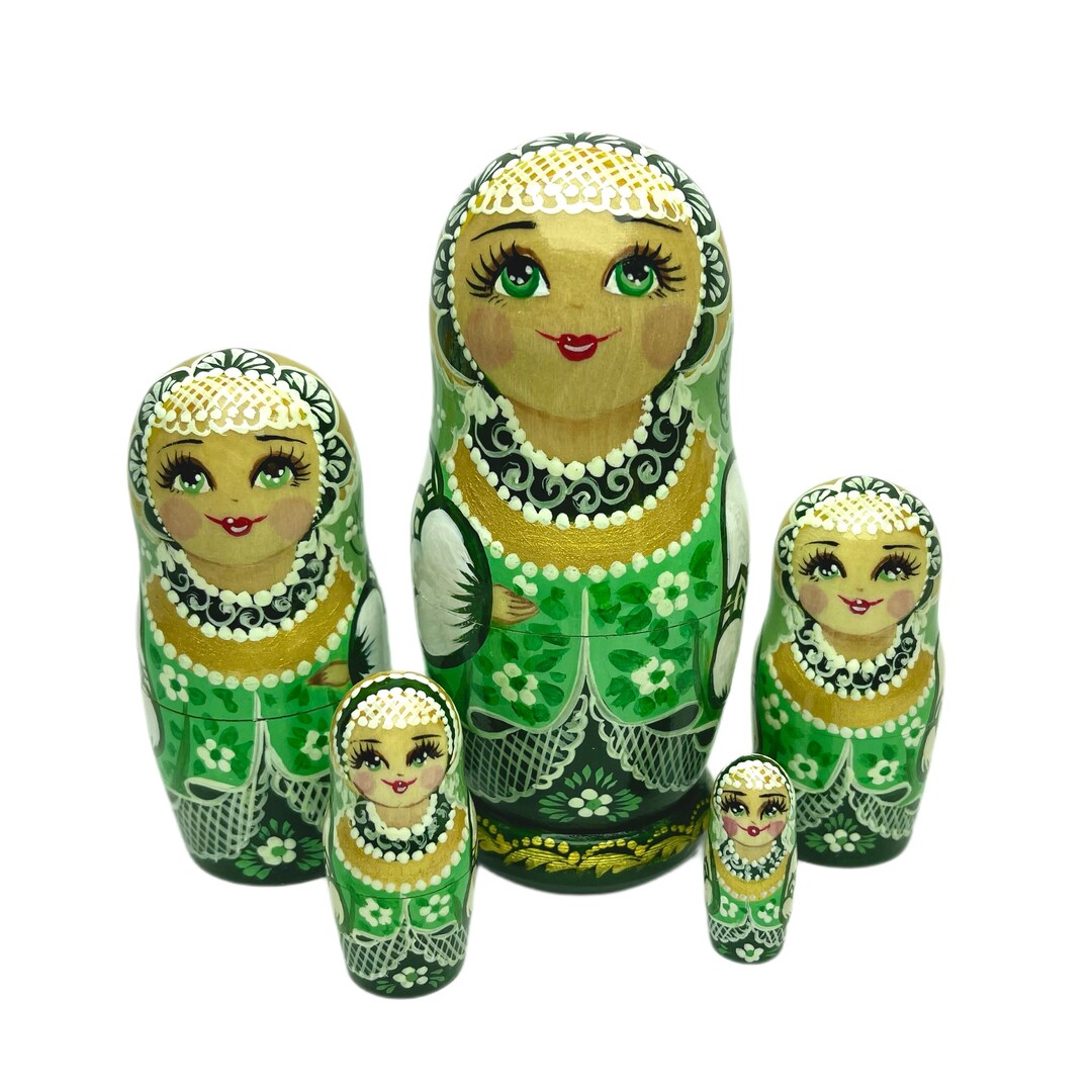 Green Nesting Doll 5pcs 5,4” Wooden Matryoshka, Hand Made Ukrainian ...