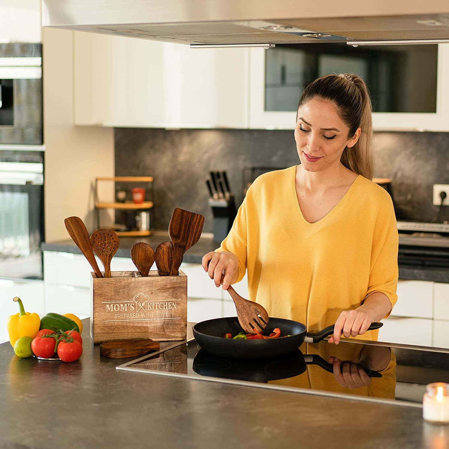 Wooden Kitchen Utensils Holder for Countertop Stylish Utensil Caddy ...