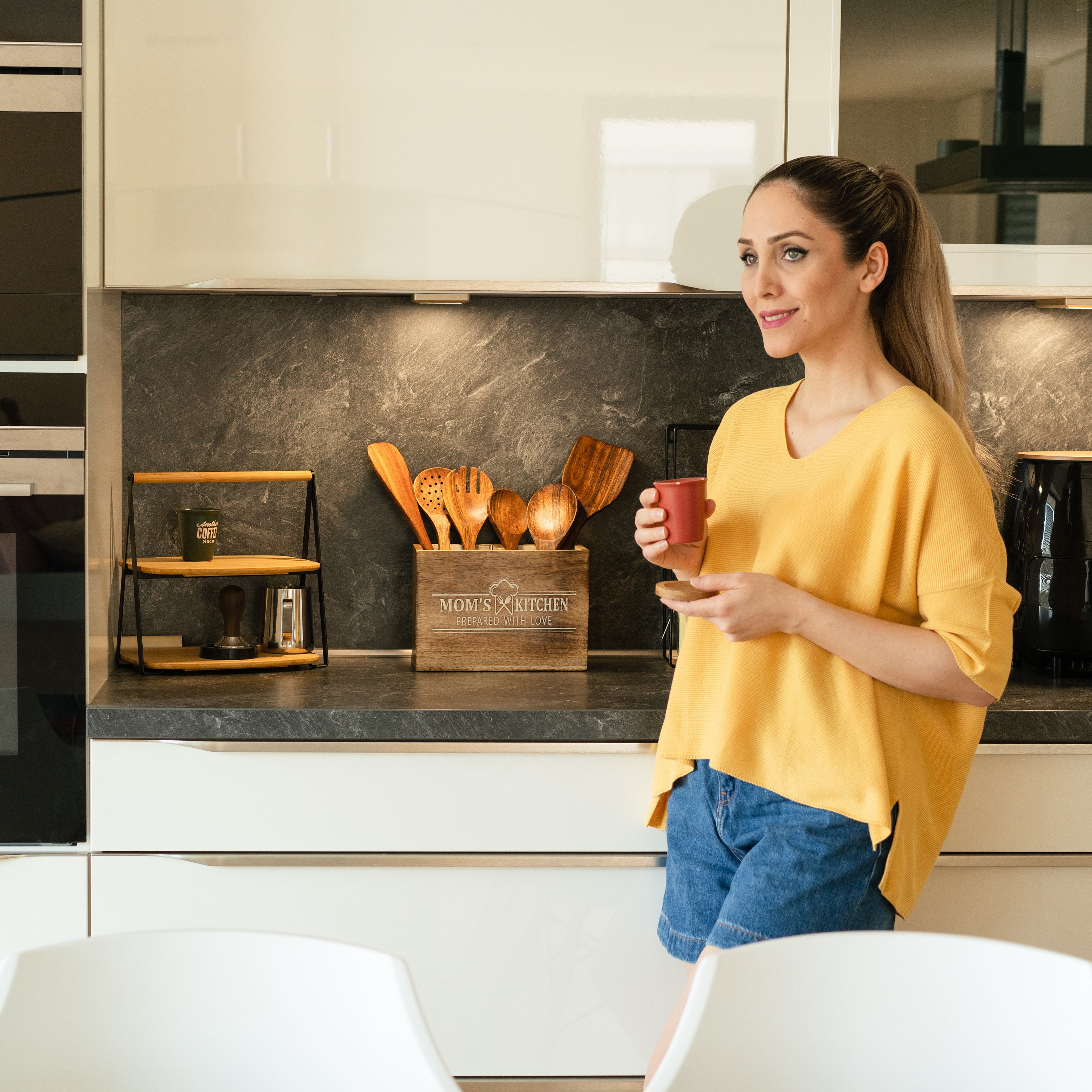 Wooden Kitchen Utensils Holder for Countertop Stylish Utensil Caddy ...