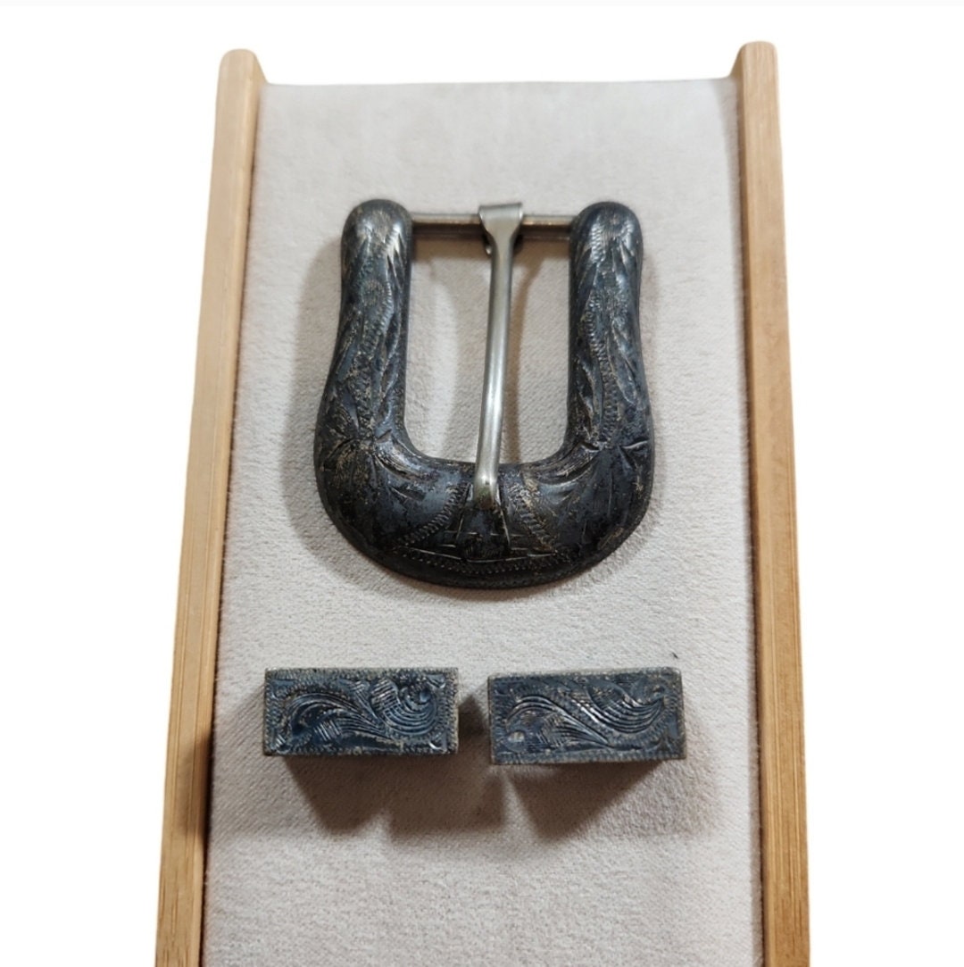 Vintage Don Ricardo Sterling Engraved Western Cowboy Belt Buckle Set 2 ...