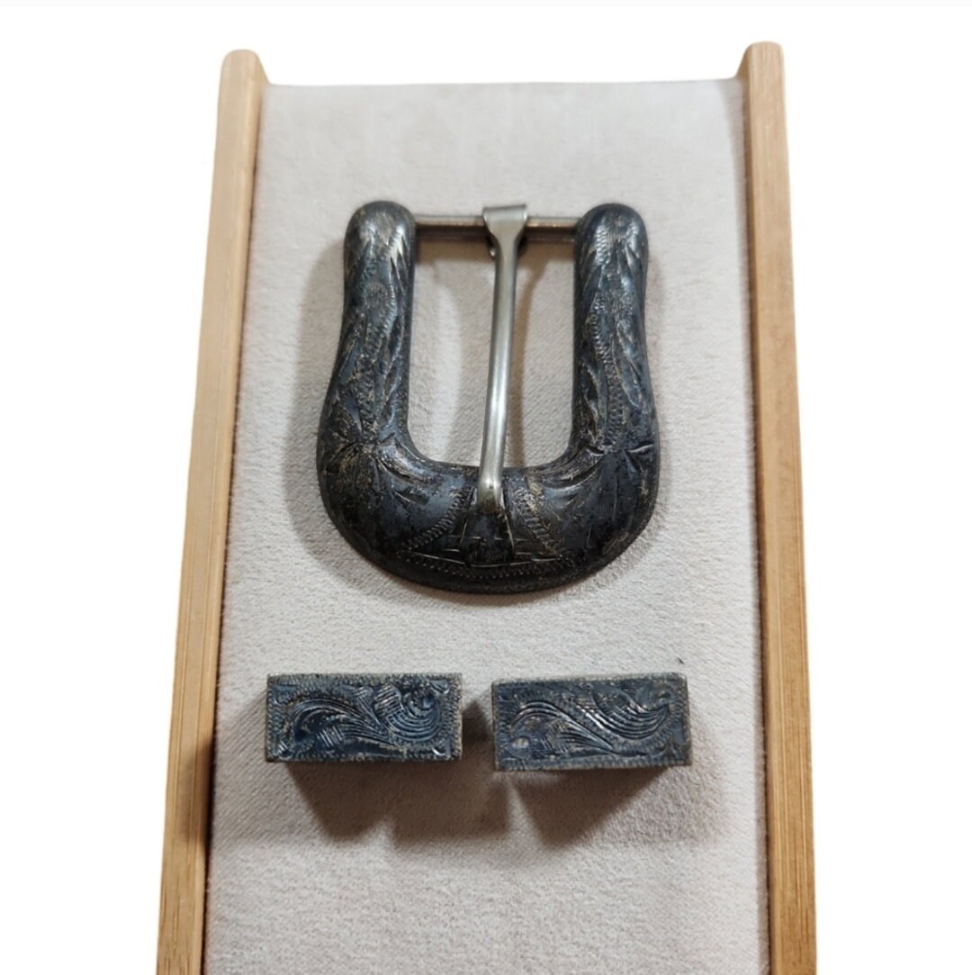 Vintage Don Ricardo Sterling Engraved Western Cowboy Belt Buckle Set 2 ...