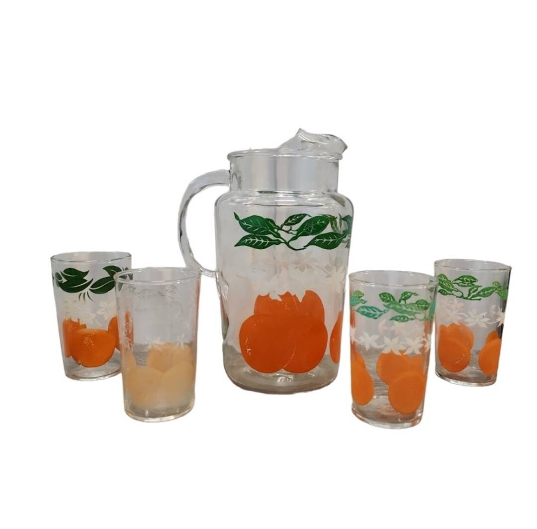 Vintage 5pc Glass Pitcher + 4 Glass Oranges Themed Set - Etsy