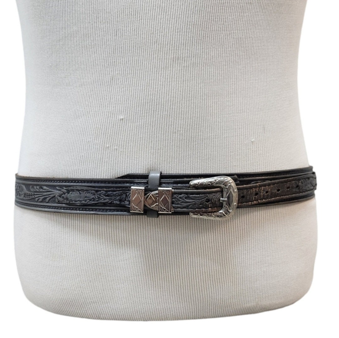 Vintage Tarnished Gray Black Leather Weave Tooled Ranger Belt Size 38 ...
