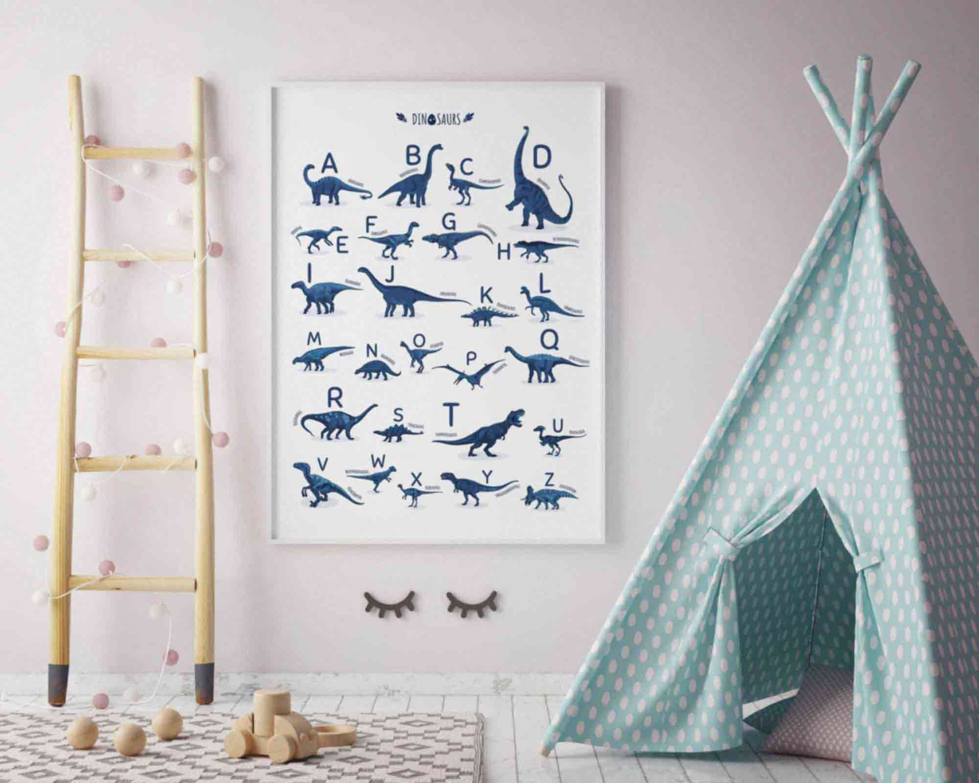 Alphabet Dinosaurs Navy Print, Portrait ABC Poster, Nursery Alphabet ...