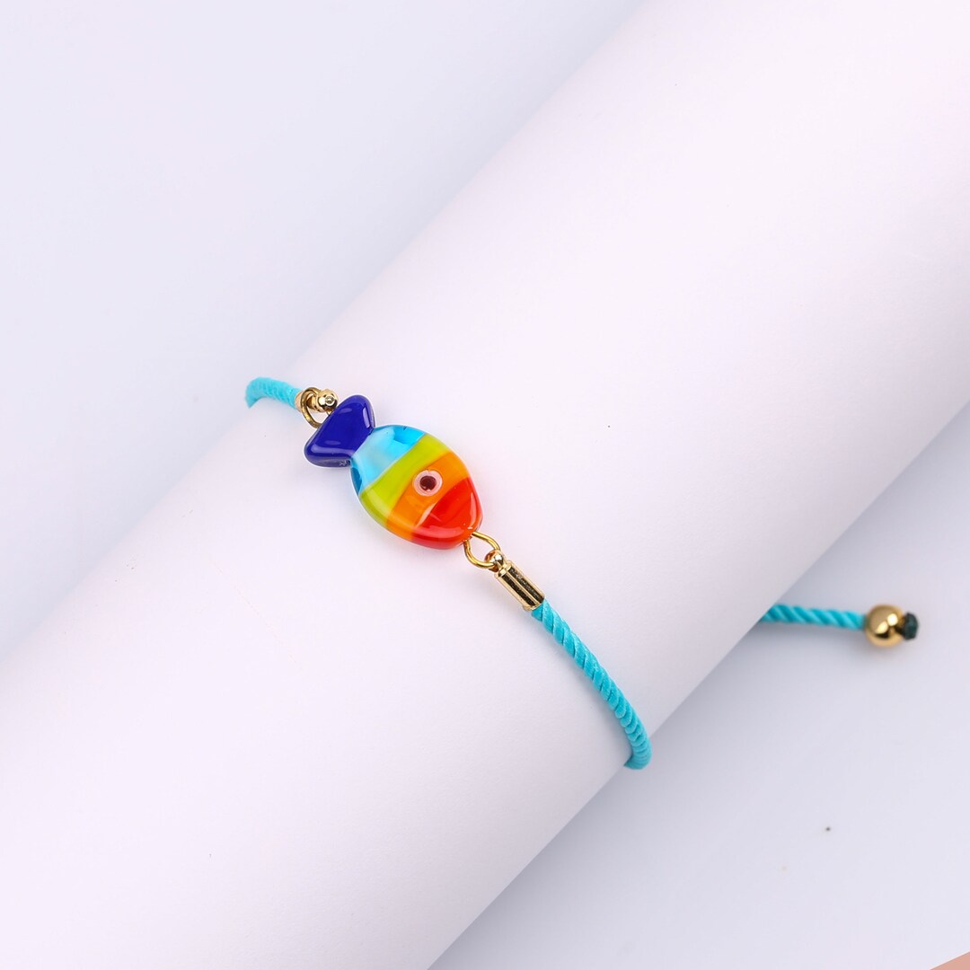 Rainbow Fish Charm Bracelet, Lampwork Glass Jewelry, Dainty, Beaded ...