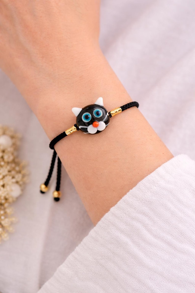 Black Cat Bracelet, Cute Cat Jewelry, Murano Glass Lampwork Animal ...