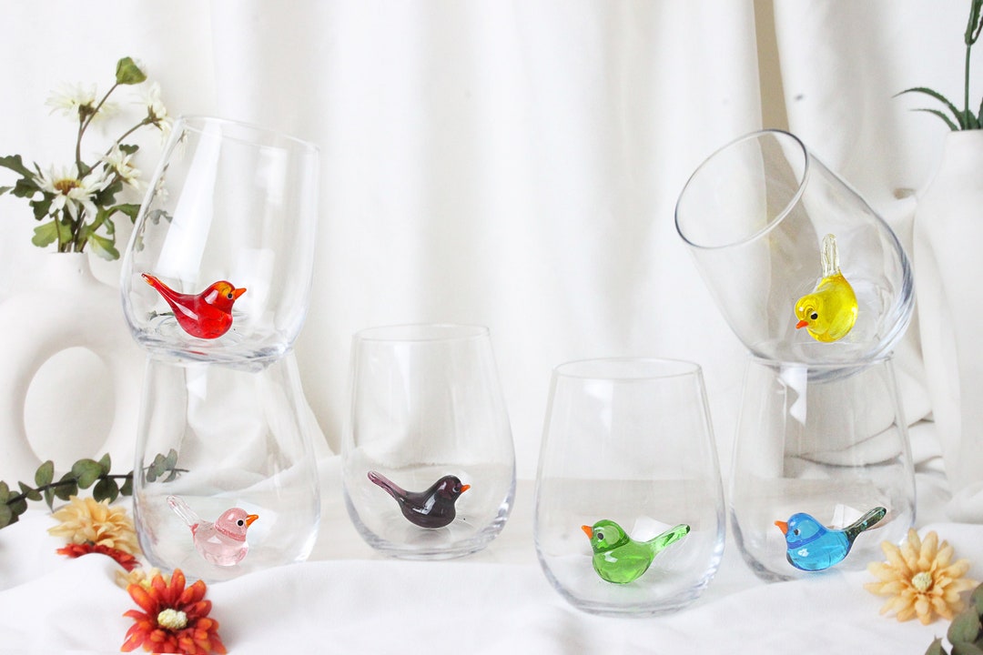 Colorful Birds Drinking Glass, Stemless Wine Glass, Bird Tumbler, Bird ...