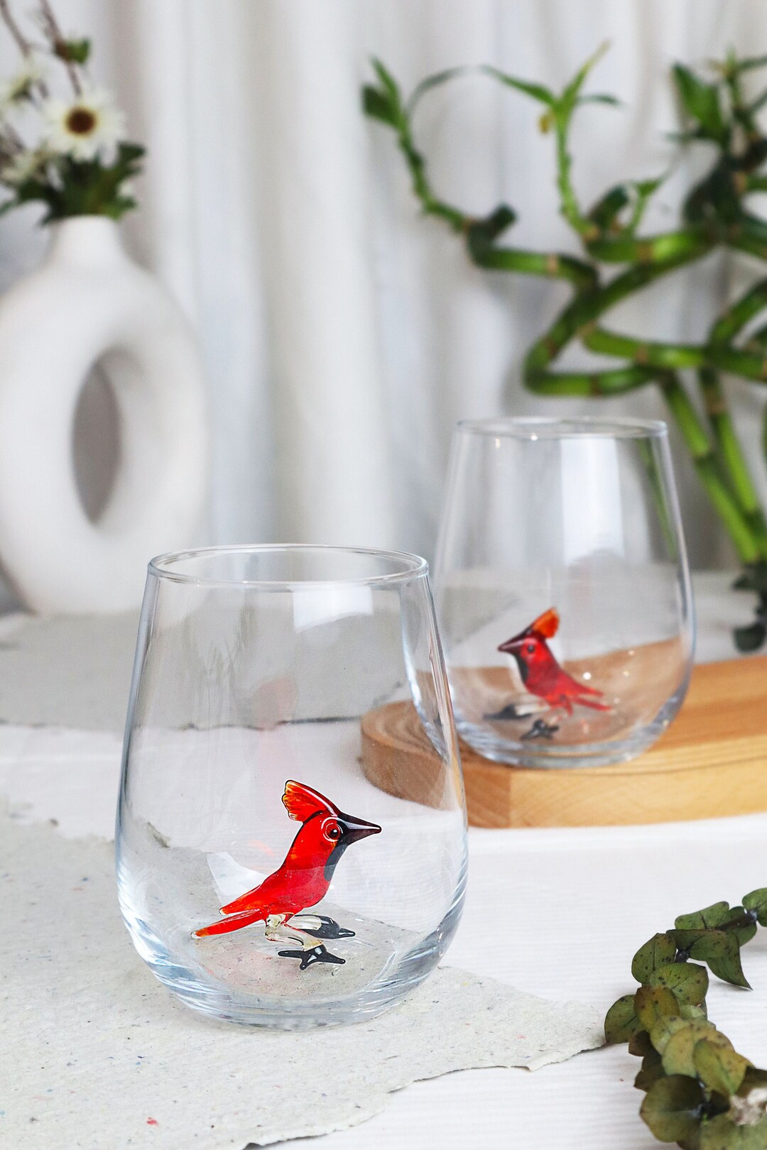 Red Cardinal Bird Drink Glasses, Handmade Glass Cup, Bird Tumbler ...