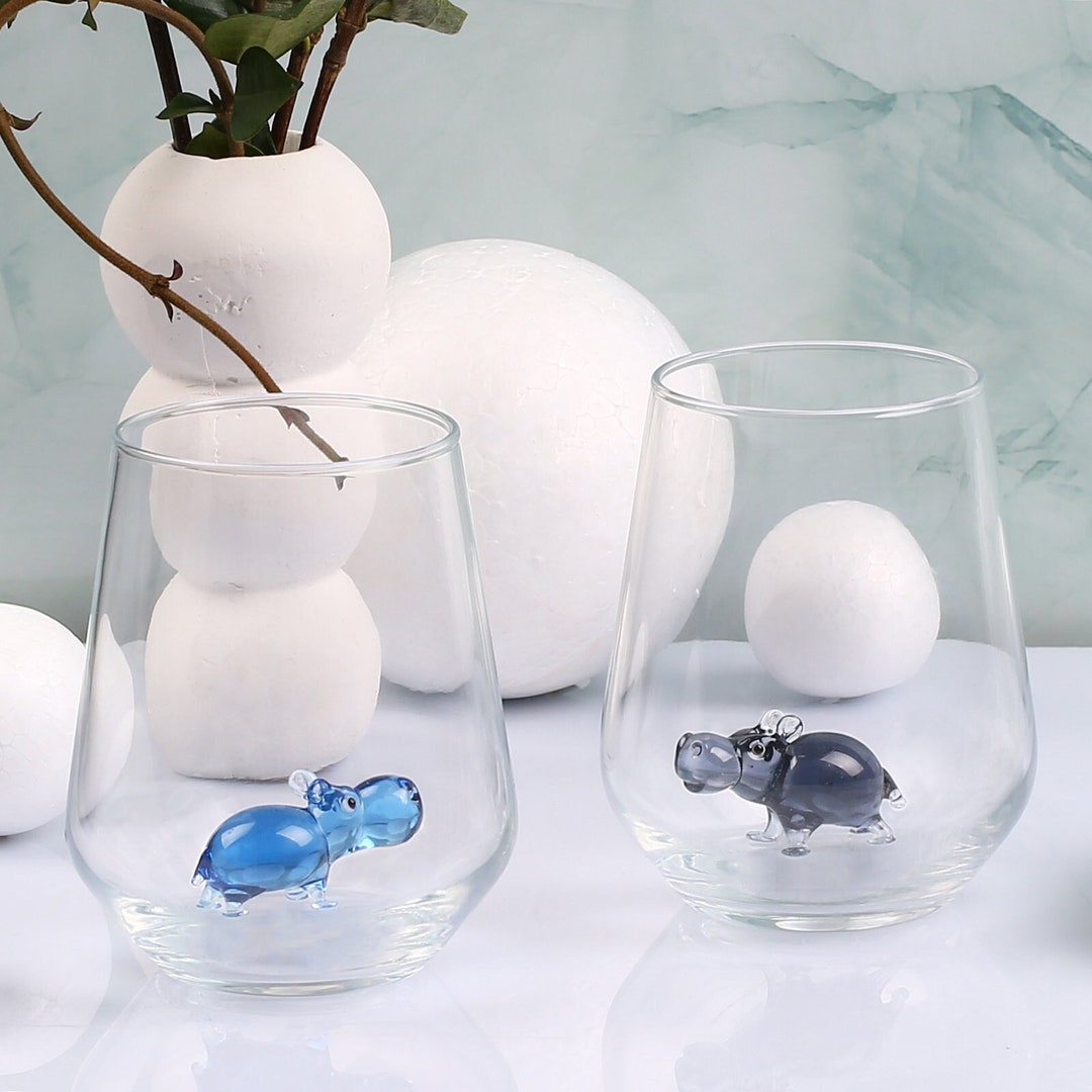 Drinking Glass With Hippo Figure, Funny Stemless Wine Glass, Water Cup ...