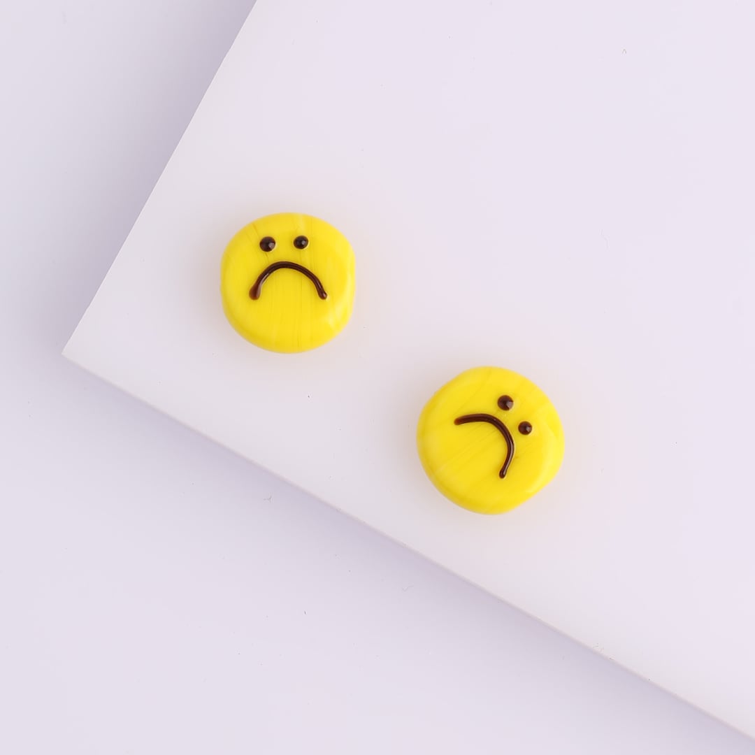 Murano Glass Sad Face Charm, Lampwork Emoji Spacer Bead, Yellow Unhappy ...