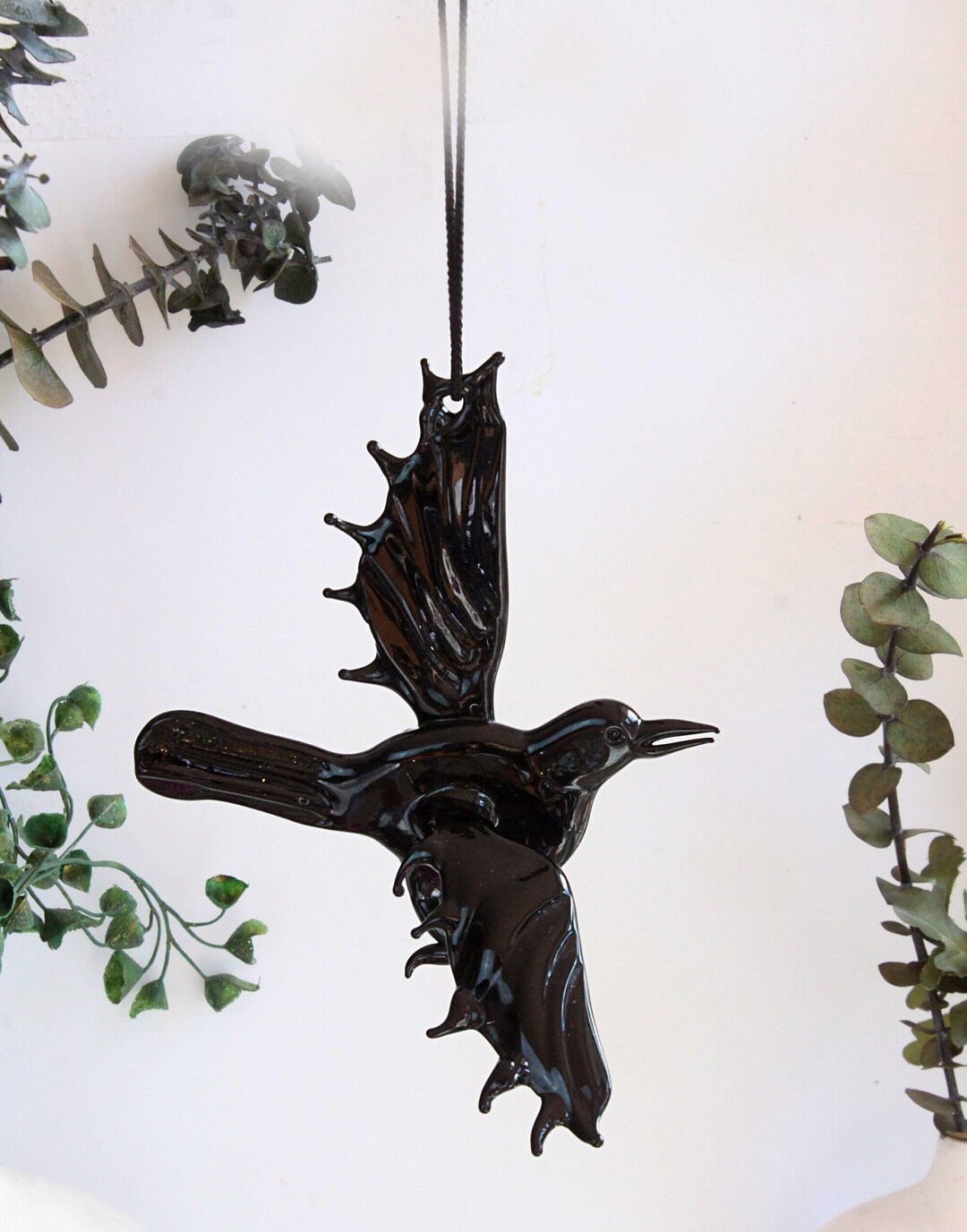 Black Crow Glass Figurines, Hanging Glass Ornament, Black Bird Decor ...