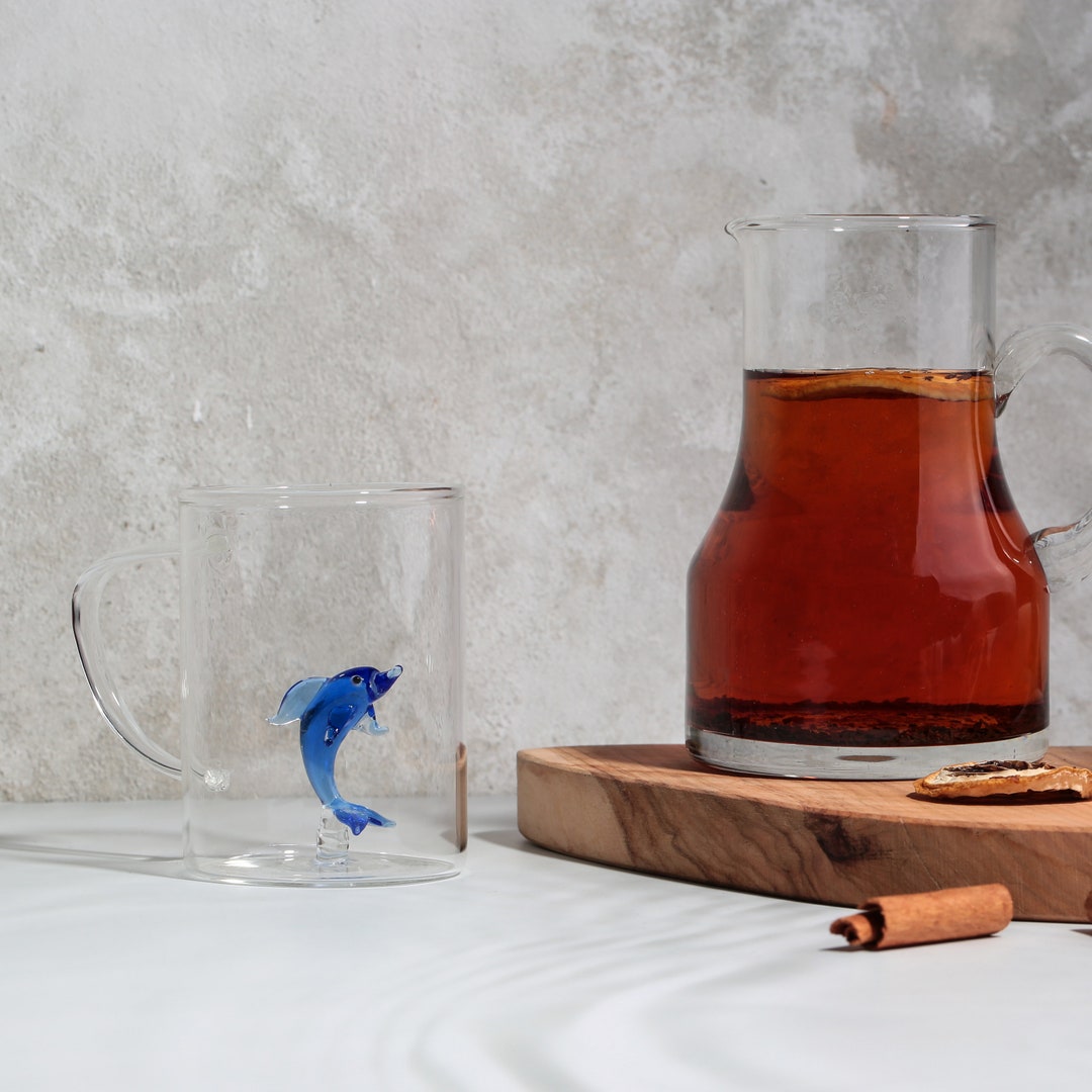 Glass Tea Cup With Blue Dolphin, Glass Coffee Mug, Borosilicate Fish ...