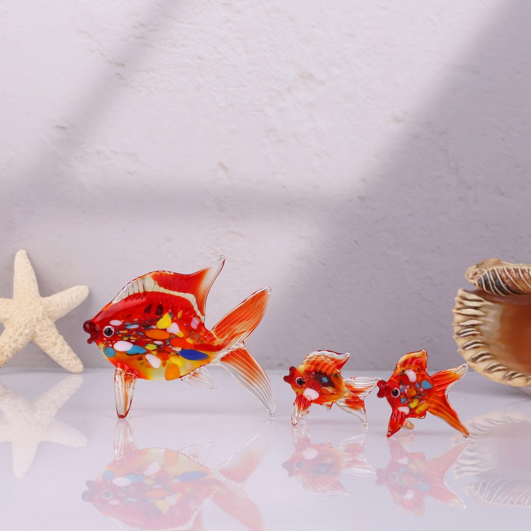 Art Glass Red Fish Set, Sea Animal Figurine, Hand Blown Fish, Glass ...