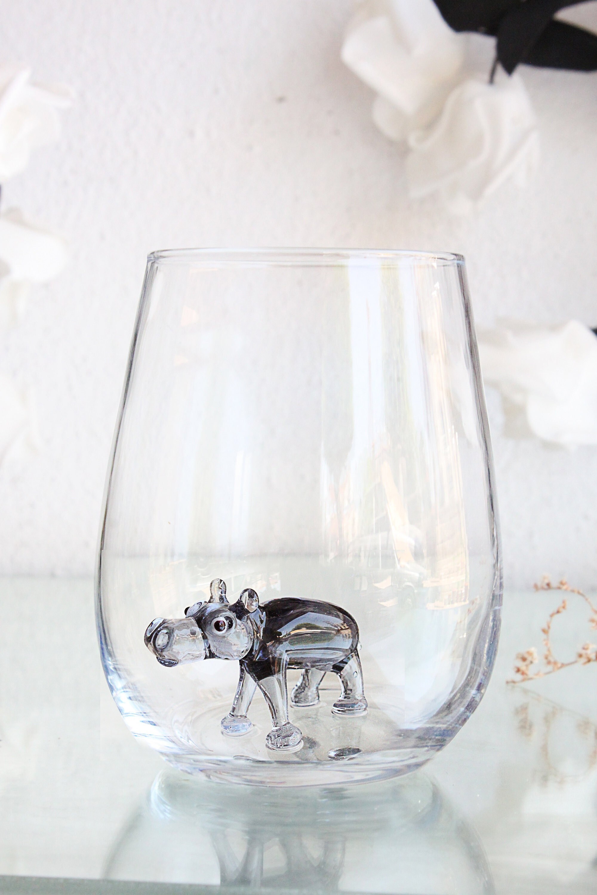 Drinking Glass With Hippo Figure Funny Stemless Wine Glass - Etsy