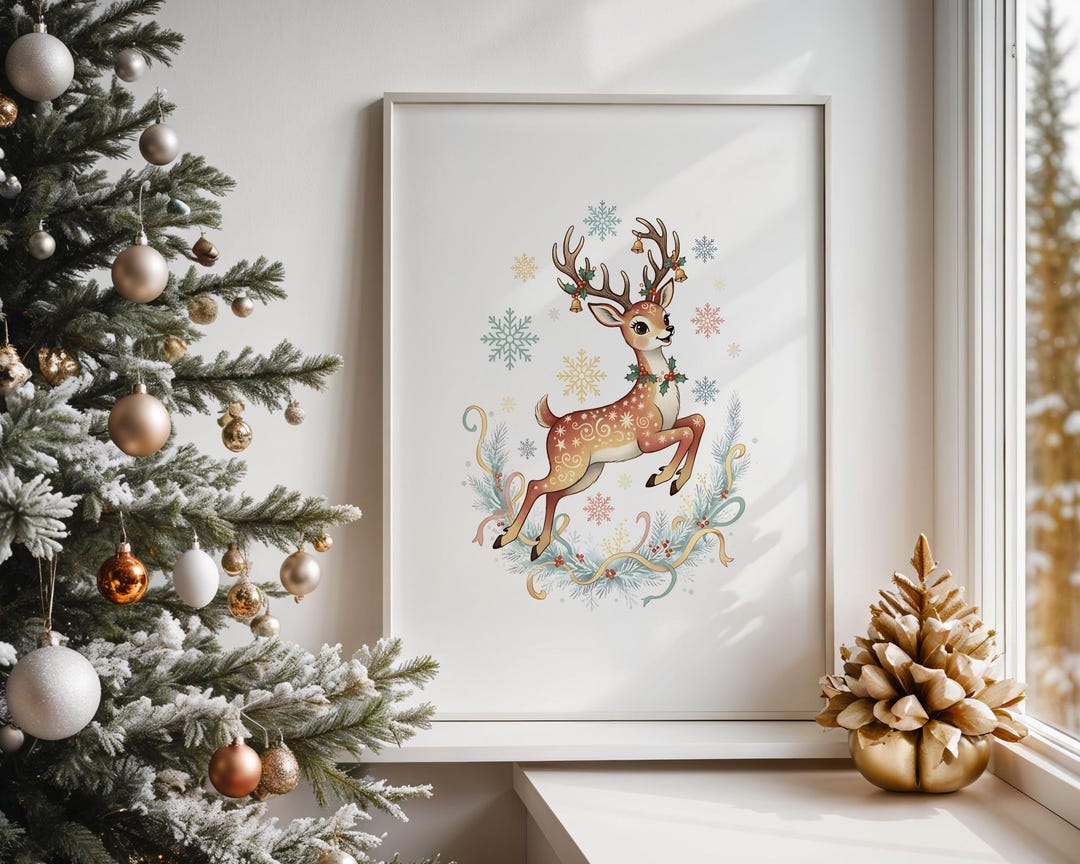 Reindeer Christmas Nursery Art | Vintage Holiday Wall Print (digital ...