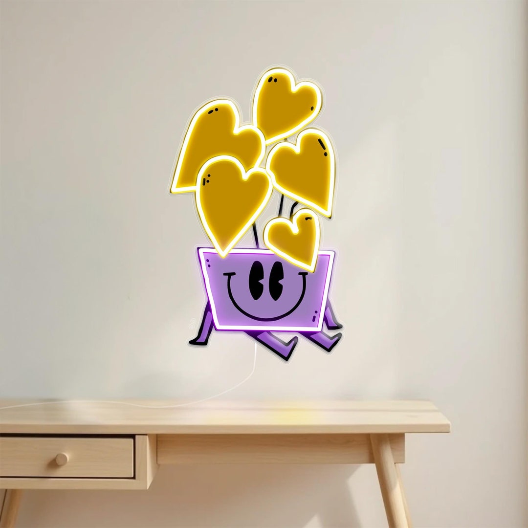 Whimsical Smiling Planter LED Neon Light – Playful Heart-shaped Leaves ...