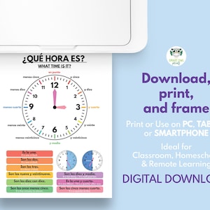 TELLING TIME Poster, Spanish Language, Educational Poster, What Time is ...