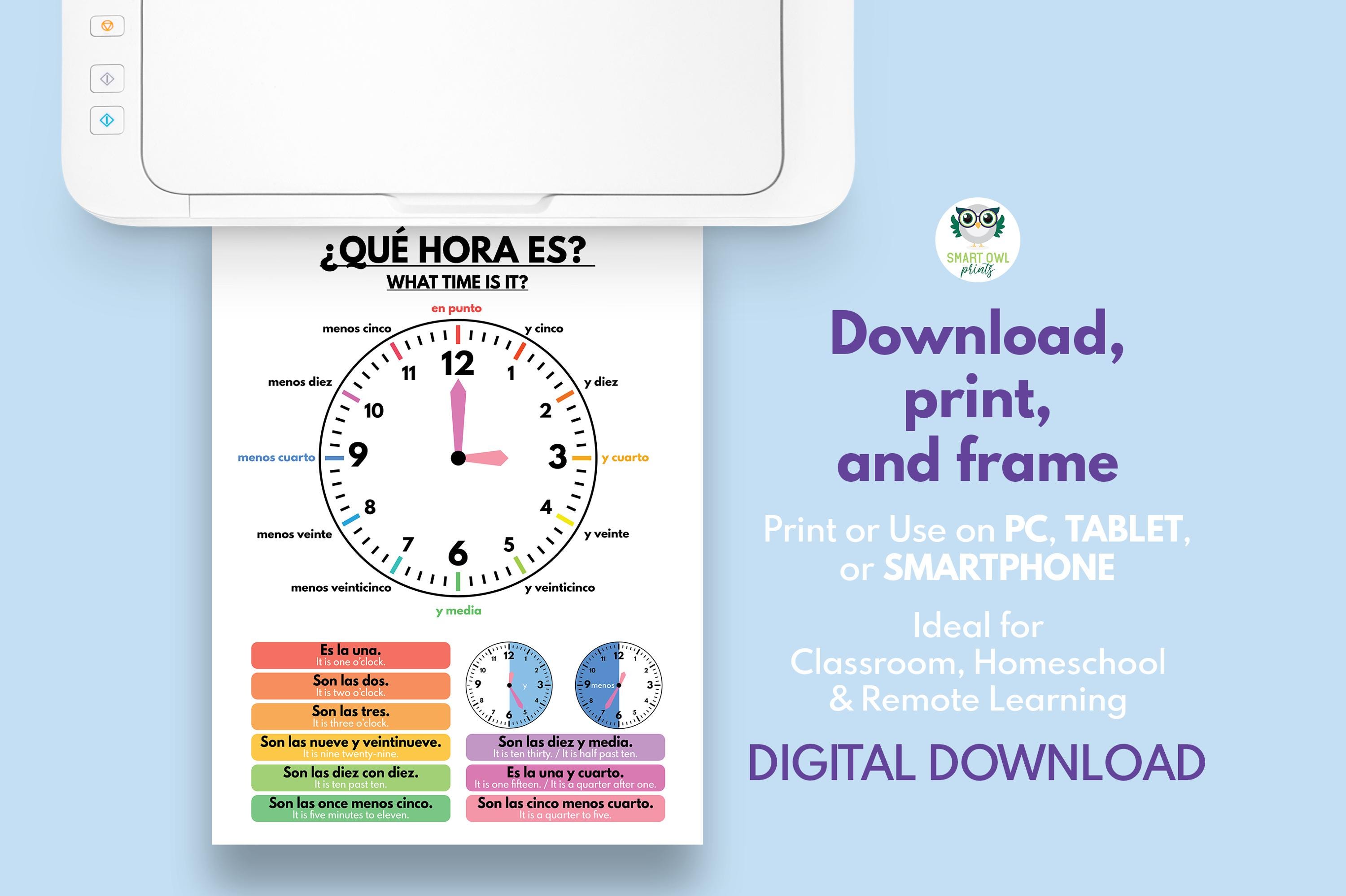 TELLING TIME Poster, Spanish Language, Educational Poster, What Time is ...