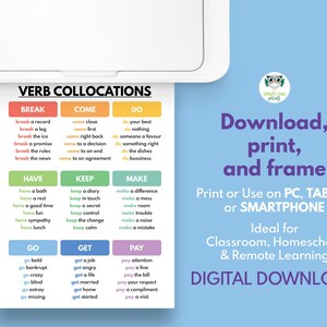VERB COLLOCATIONS, Grammar Chart for Homeschool, Classroom Poster ...