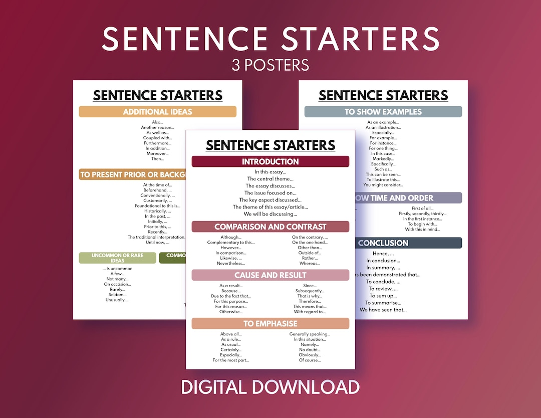 SENTENCE STARTERS - Set of 3 Posters, Writing an Essay, Homeschool ...