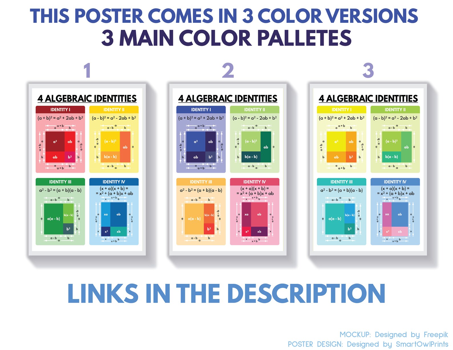 FOUR ALGEBRAIC IDENTITIES, Educational Posters, Math, Rainbow Colors ...