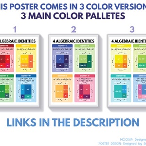 FOUR ALGEBRAIC IDENTITIES, Educational Posters, Math, Rainbow Colors ...