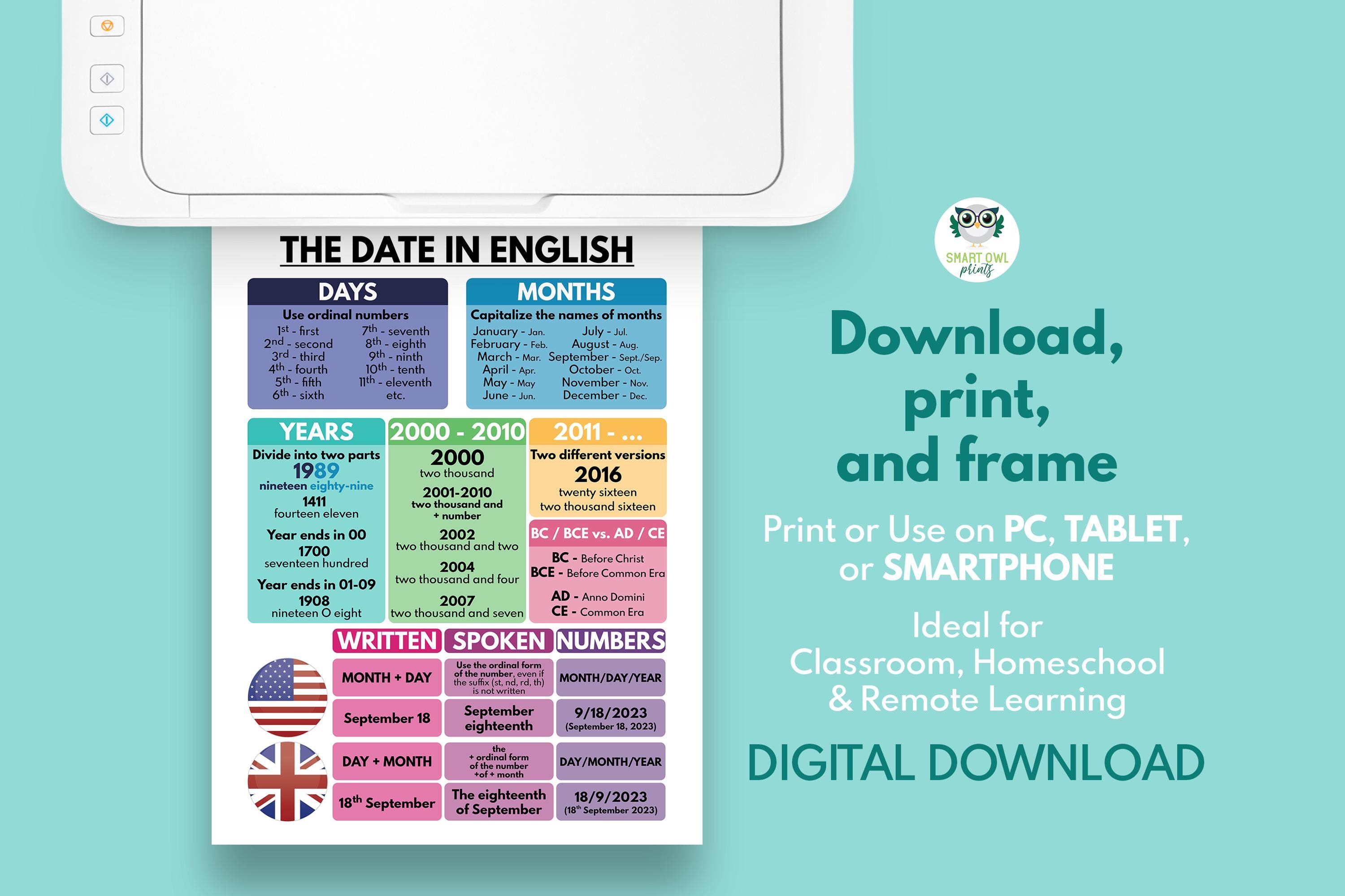 DATES IN ENGLISH - English Date Learning Chart, Learn How to Read Dates ...