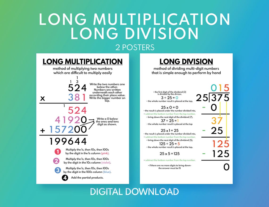 LONG MULTIPLICATION and DIVISION Posters, Educational Posters for Kids ...