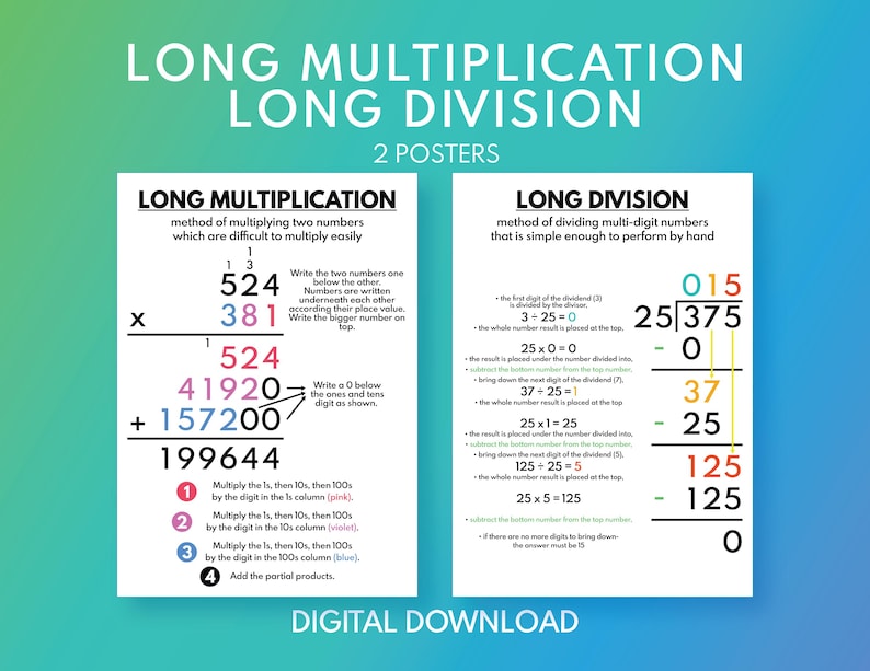 LONG MULTIPLICATION and DIVISION Posters, Educational Posters for Kids ...