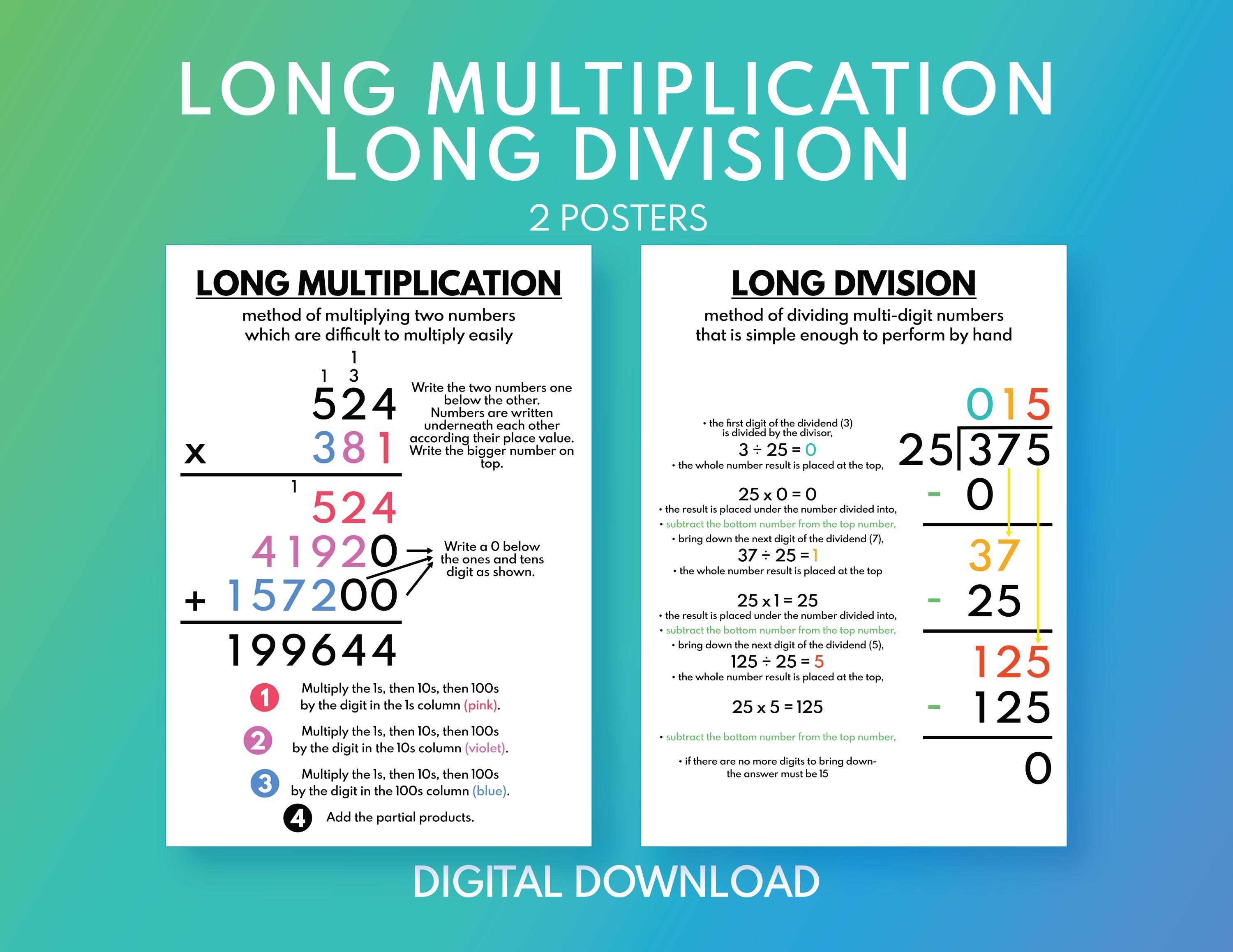 LONG MULTIPLICATION and DIVISION Posters, Educational Posters for Kids ...