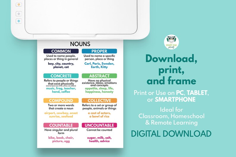 NOUNS, Types of Nouns, Grammar Anchor Chart for Homeschool, Classroom ...