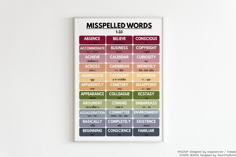 99 MOST MISSPELLED WORDS Poster Set of 3 Posters, English English ...