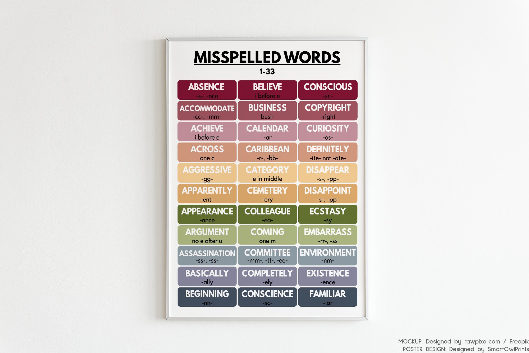 99 MOST MISSPELLED WORDS Poster Set of 3 Posters, English English ...