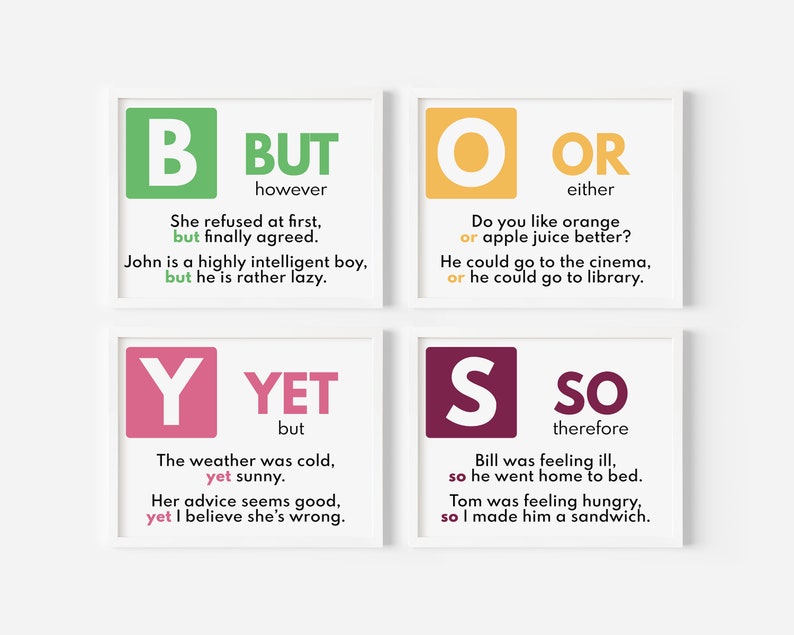 FANBOYS - Set of 7 Posters, Letter Size, Conjunctions, Parts of Speech ...