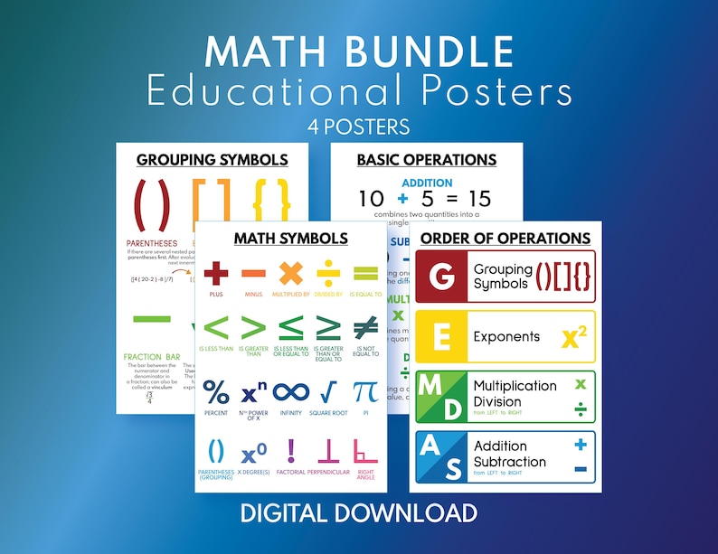 MATH BUNDLE - Set of 4 Posters, Math Symbols + GEMDAS + Basic ...