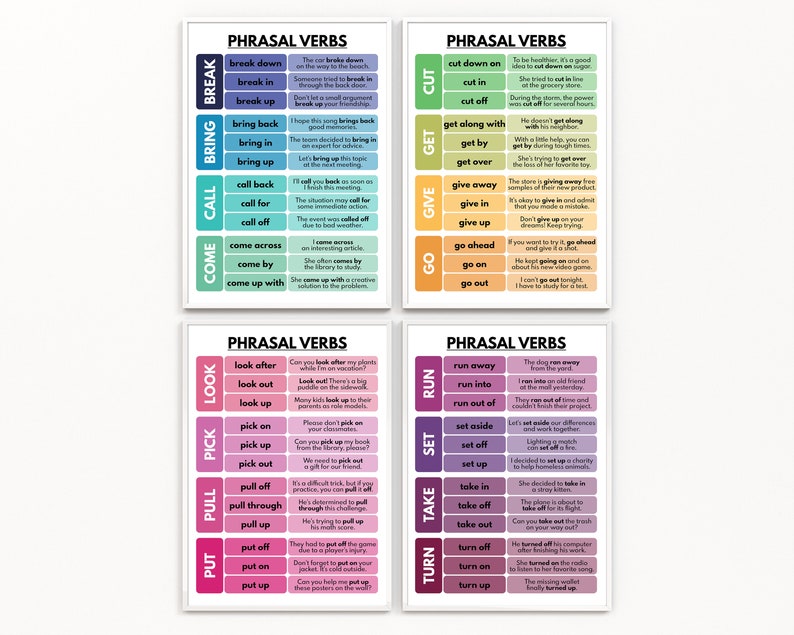 PHRASAL VERBS Set of 4 Posters, Learn English Vocabulary, Grammar Chart ...