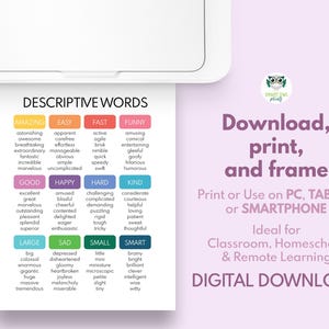 DESCRIPTIVE WORDS POSTER, Grammar Chart for Homeschool, English ...
