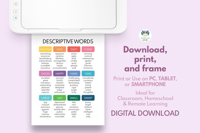 DESCRIPTIVE WORDS POSTER, Grammar Chart for Homeschool, English ...