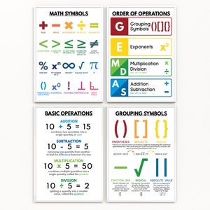 MATH BUNDLE - Set of 4 Posters, Math Symbols + GEMDAS + Basic ...