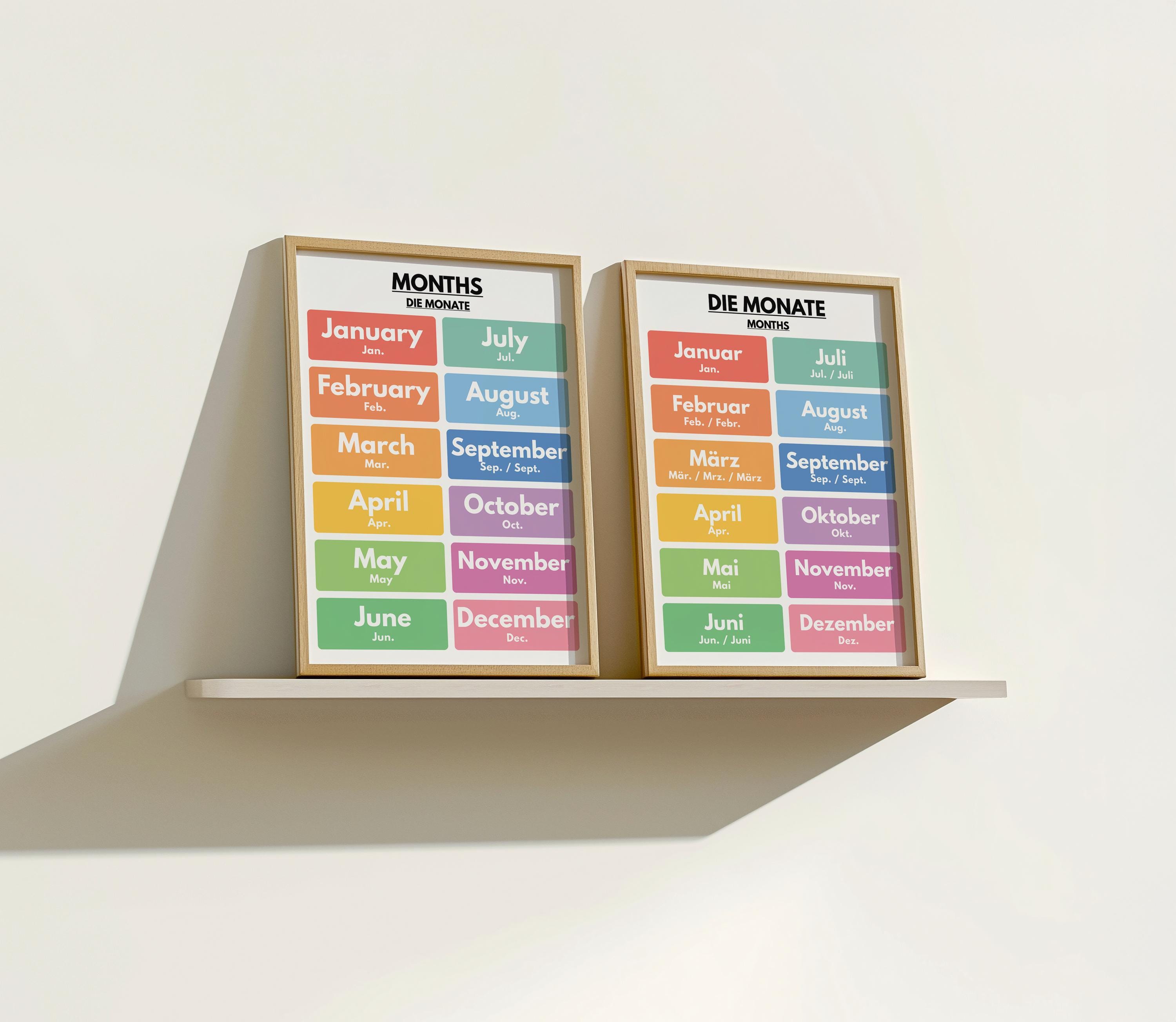 German Language, MONTHS of THE YEAR in German, 2 Posters Set, German ...