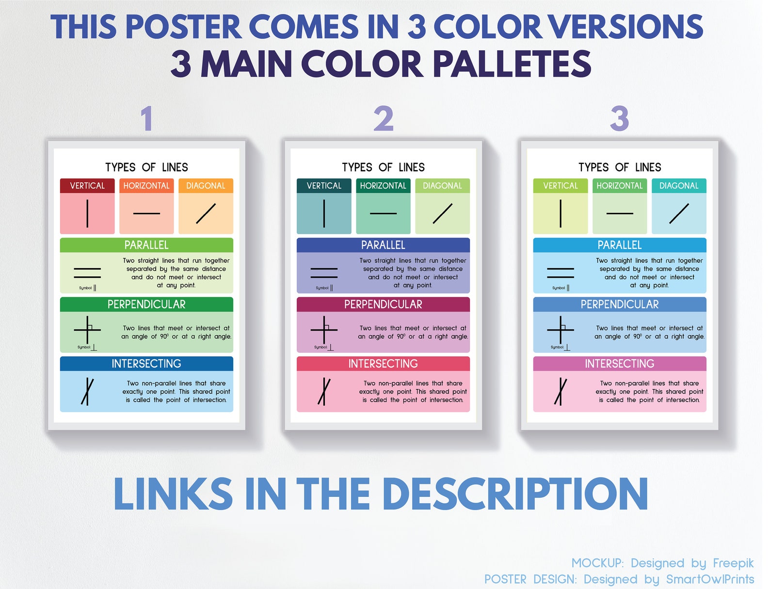 TYPES OF LINES, Geometry, Educational Poster, Math, Rainbow Colors ...