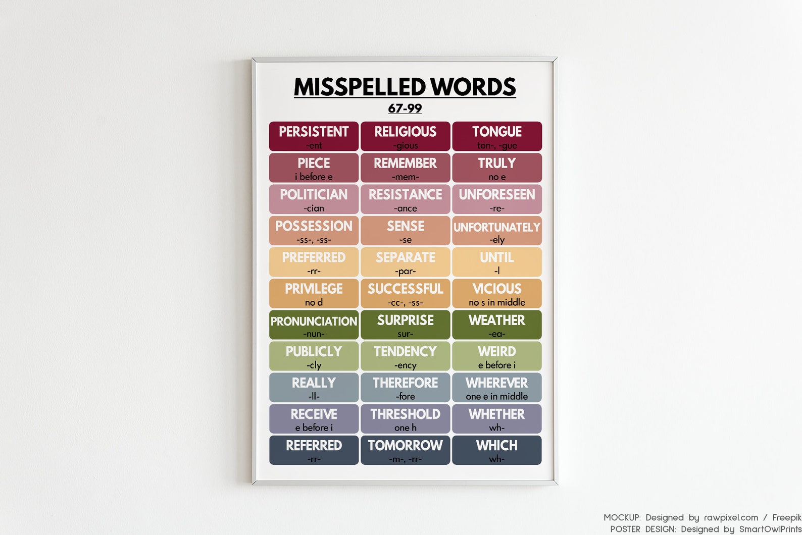 99 MOST MISSPELLED WORDS Poster Set of 3 Posters, English English ...