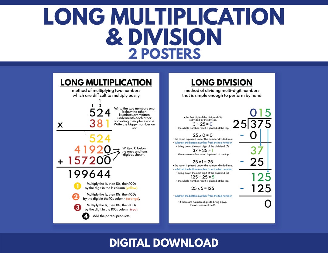 LONG MULTIPLICATION and DIVISION Posters, Educational Posters for Kids ...