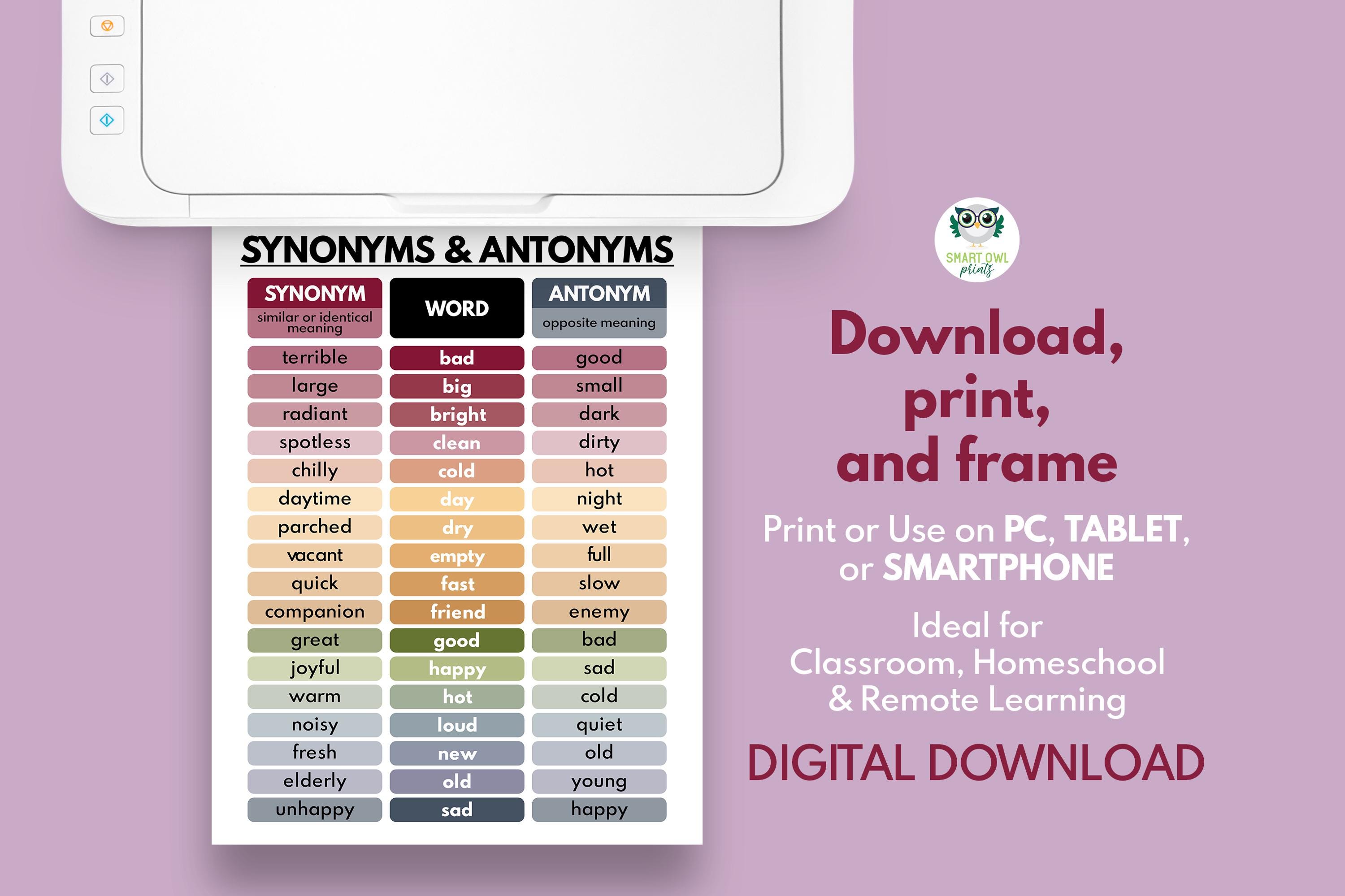 SYNONYMS & ANTONYMS POSTER, Vocabulary Chart, Homeschool, English ...