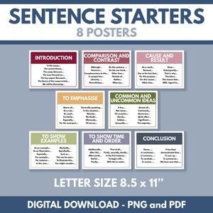 SENTENCE STARTERS - Set of 8 Colorful Posters, Essay Writing ...